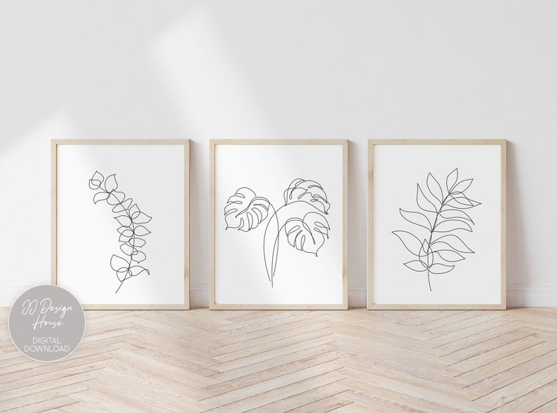 Line Art Plants Set of 3 Leaf Wall Art Prints Botanical | Etsy