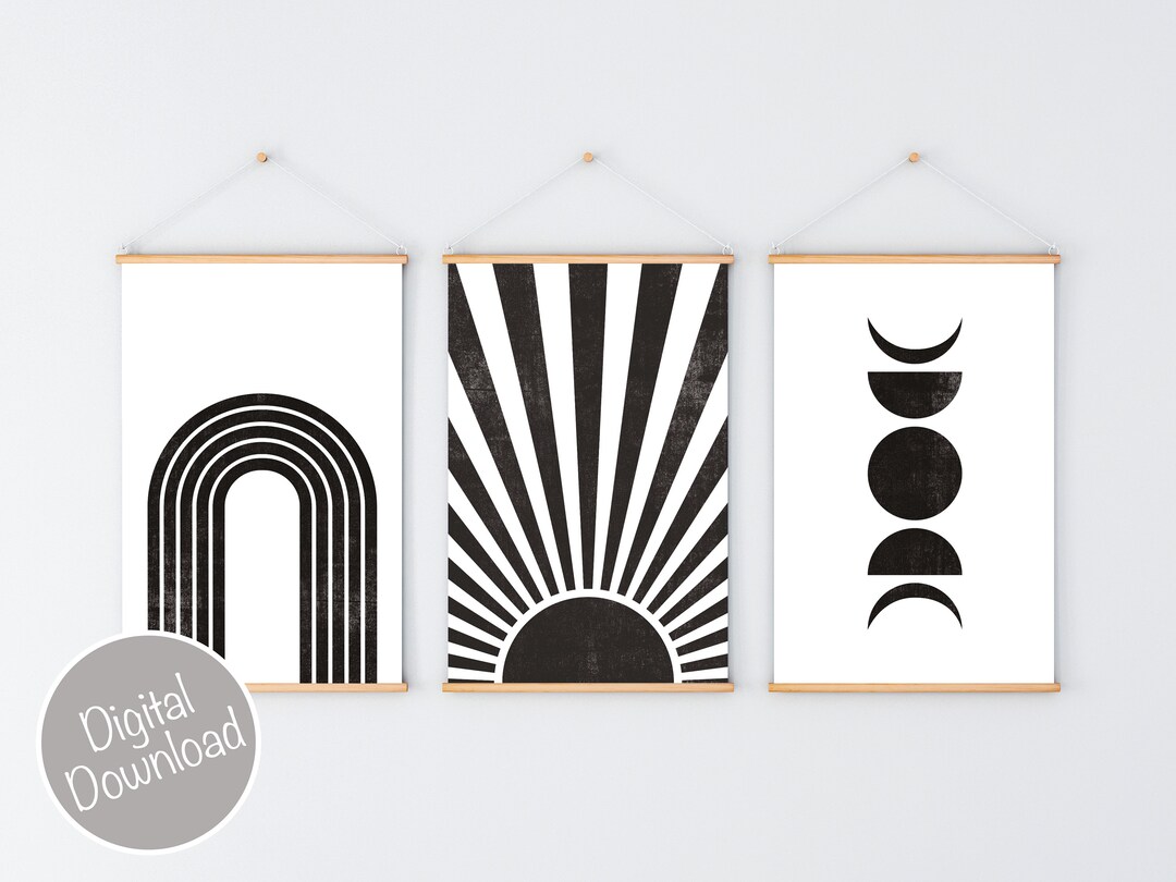 Sun and Moon Print Set of 3, Nursery Decor, Black White Prints, Mid ...