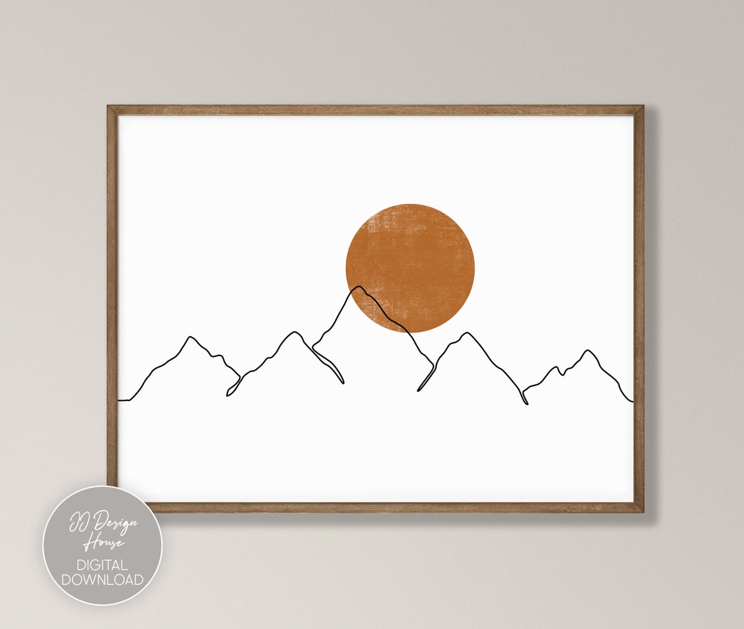 Line Drawing Mountains Wall Art, Abstract Mountain Print, Sunset ...