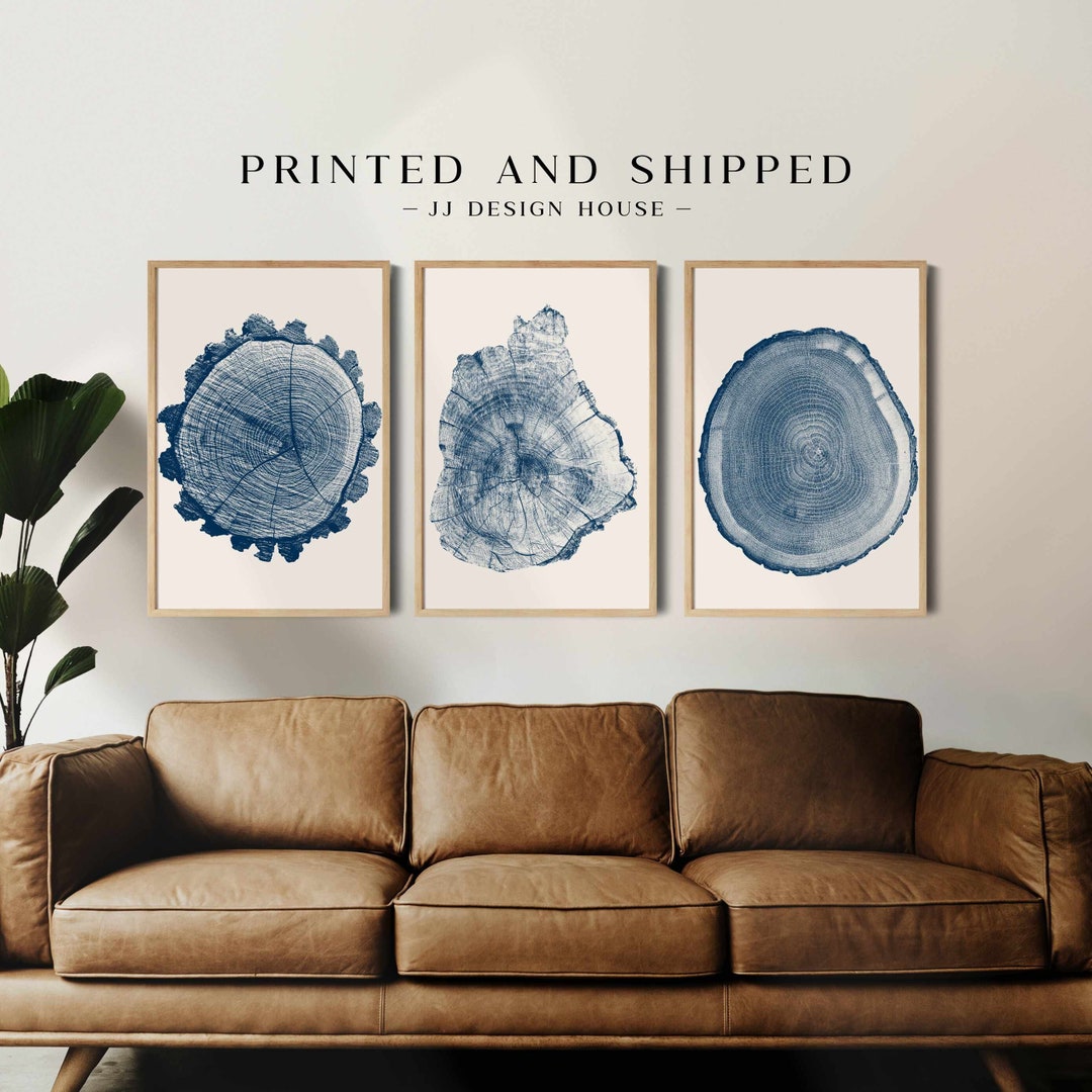 Blue Tree Ring Art, Tree Stump Print, Triptych Wall Art, Printed Wall ...