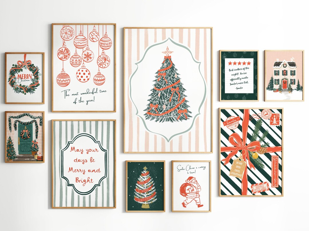 Christmas Wall Art Set of 10, Printable Holiday Gallery Wall, Festive ...