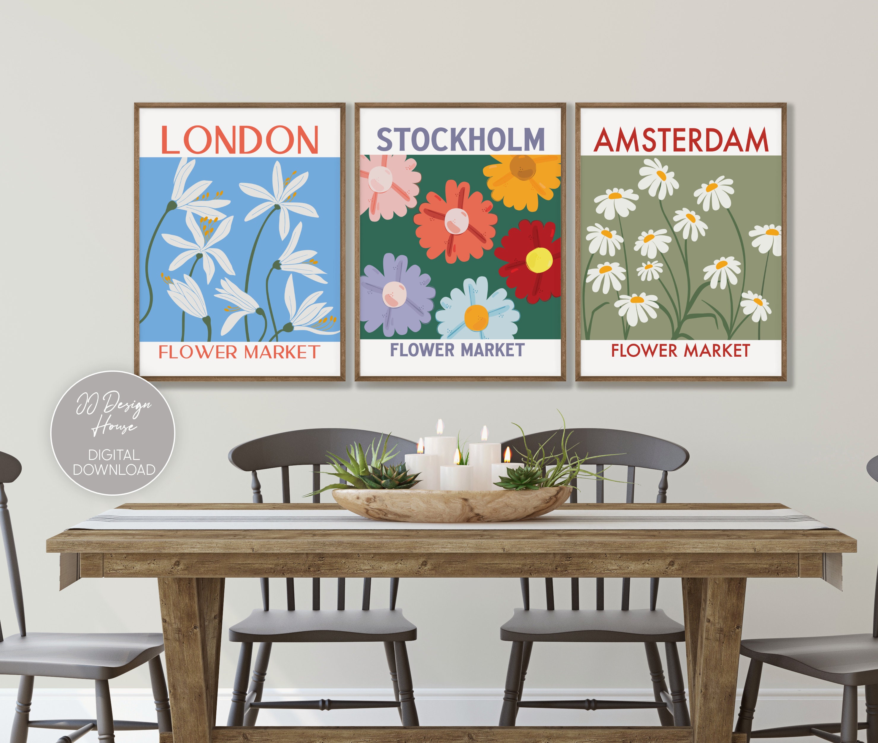 Flower Market Print Set Of 3 Botanical Prints Flower Market Etsy