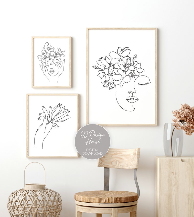 Minimalist Wall Art, Single Line Art Print Women With Flowers, Floral ...