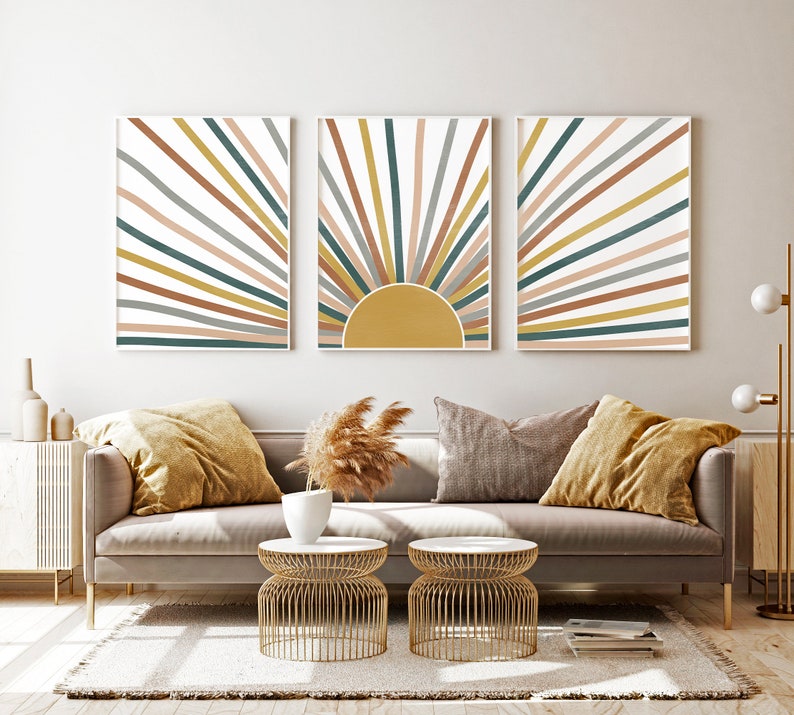 Sunburst Art Print Set of 3 Retro Sun Poster Large Sun - Etsy