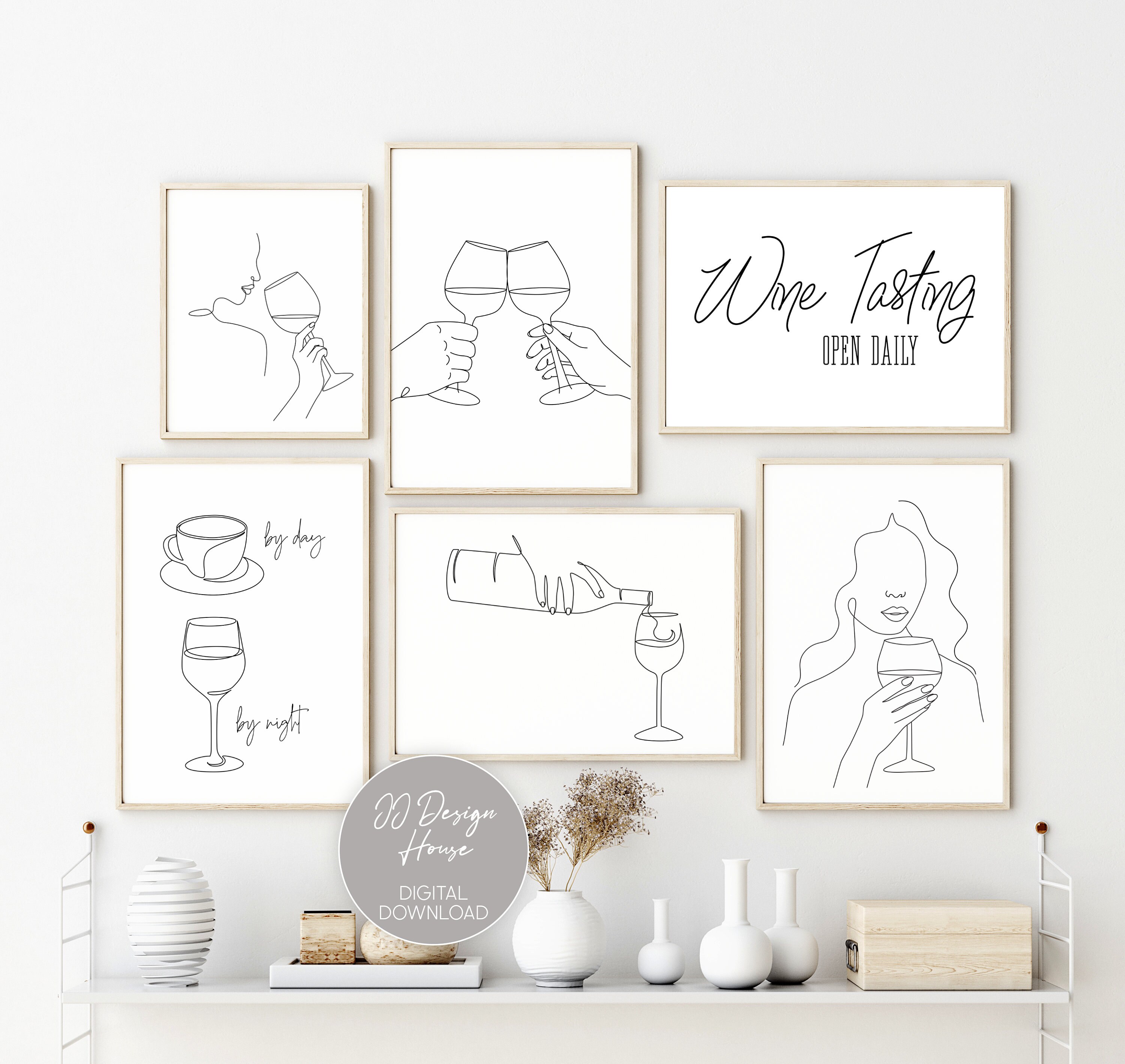 Wine Print Set of 6 Wine Wall Art Bar Prints Wine Bar Line | Etsy