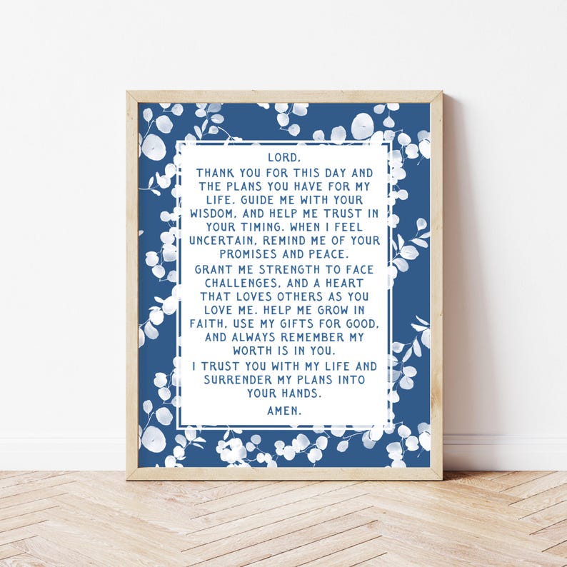 Prayer Print Christian Wall Art, Blue Wall Art Floral Print, Bible Wall ...