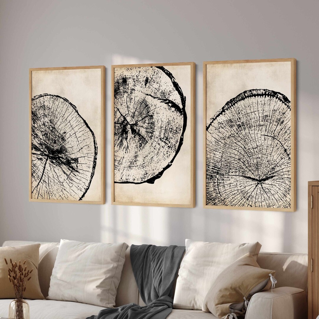 Abstract Wall Art, Black Tree Ring Art Nature Prints Set of 3, Neutral ...