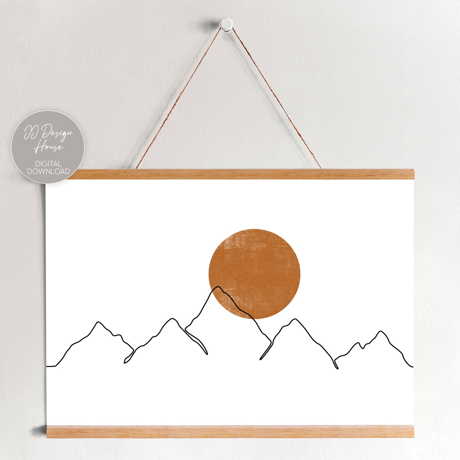 Line Drawing Mountains Wall Art, Abstract Mountain Print, Sunset ...