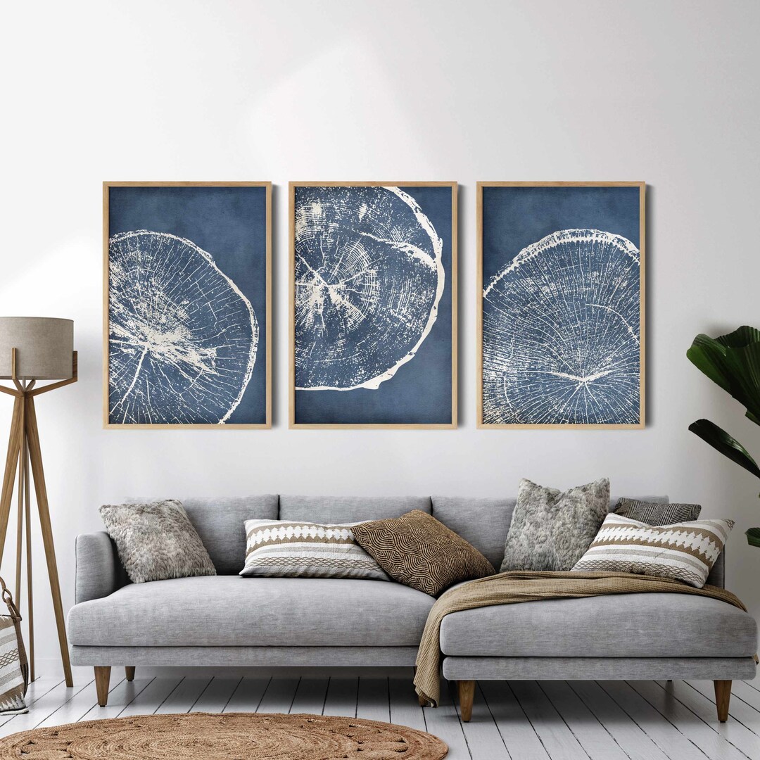 Abstract Wall Art, Blue Tree Ring Art, Print Set of 3, Navy Blue Wall ...