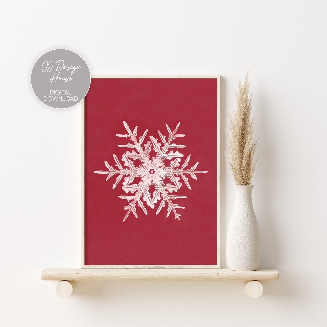 Snowflake Print, Red Christmas Wall Art Printable, Red Christmas Decor ...
