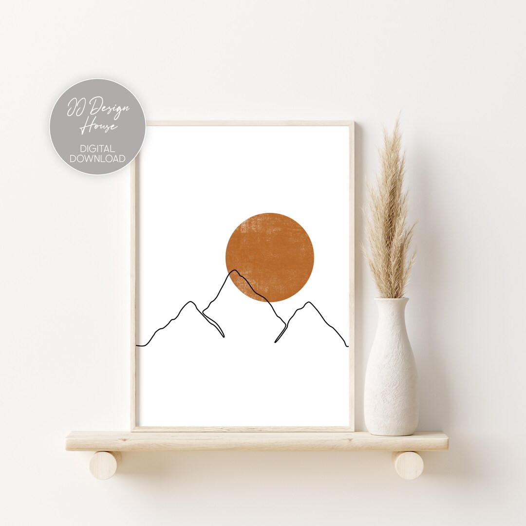 Line Drawing Mountains Wall Art, Abstract Mountain Print, Sunset ...