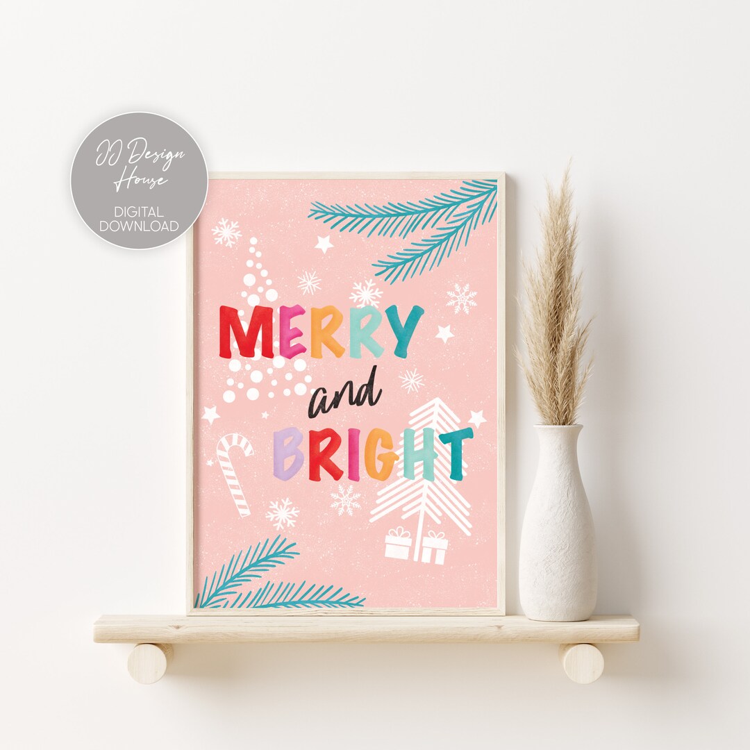 Pink Christmas Decor, Boho Christmas Print, Pink Holiday Decor ...