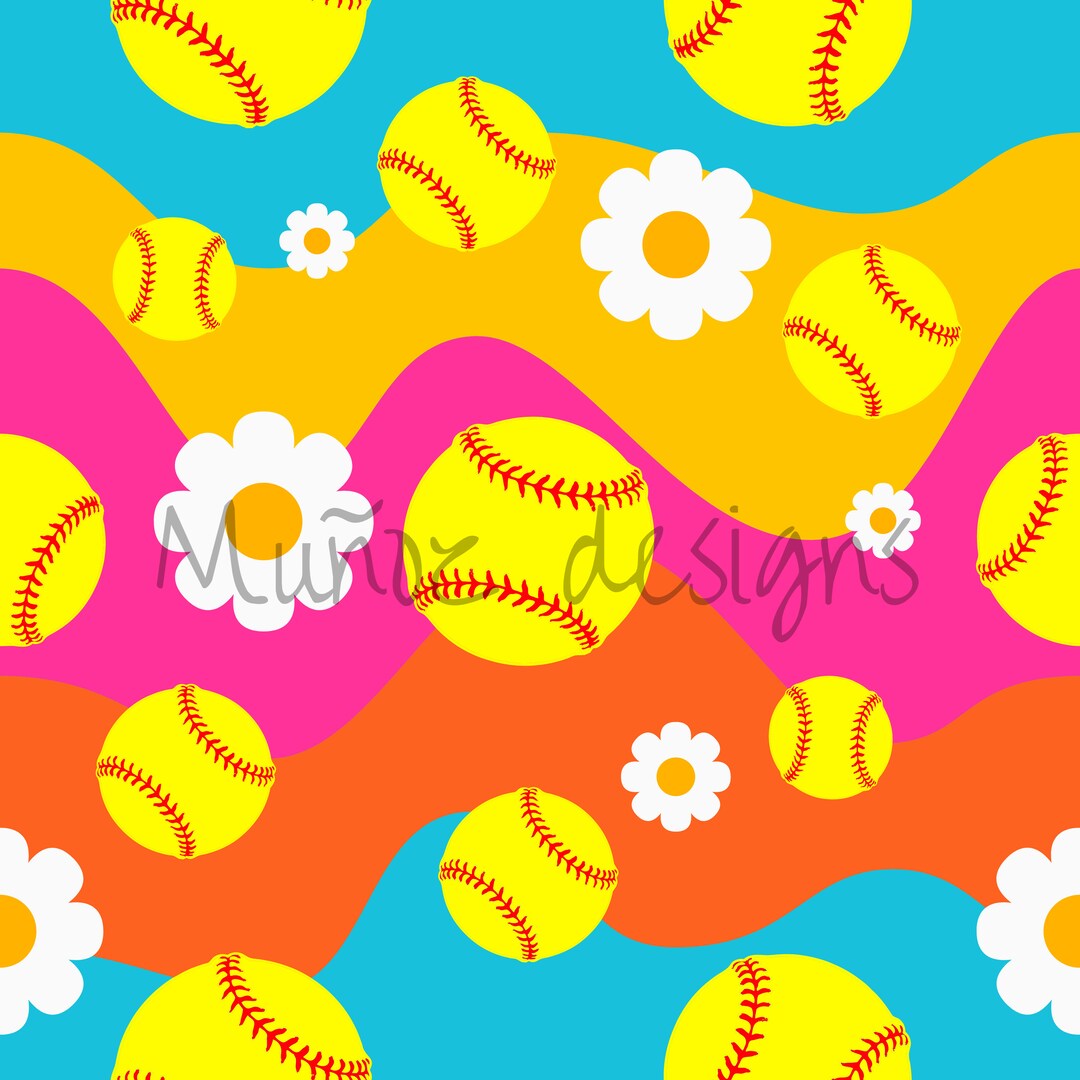 Softball Seamless Pattern, Surface Pattern Colorful Boho Groovy Design ...