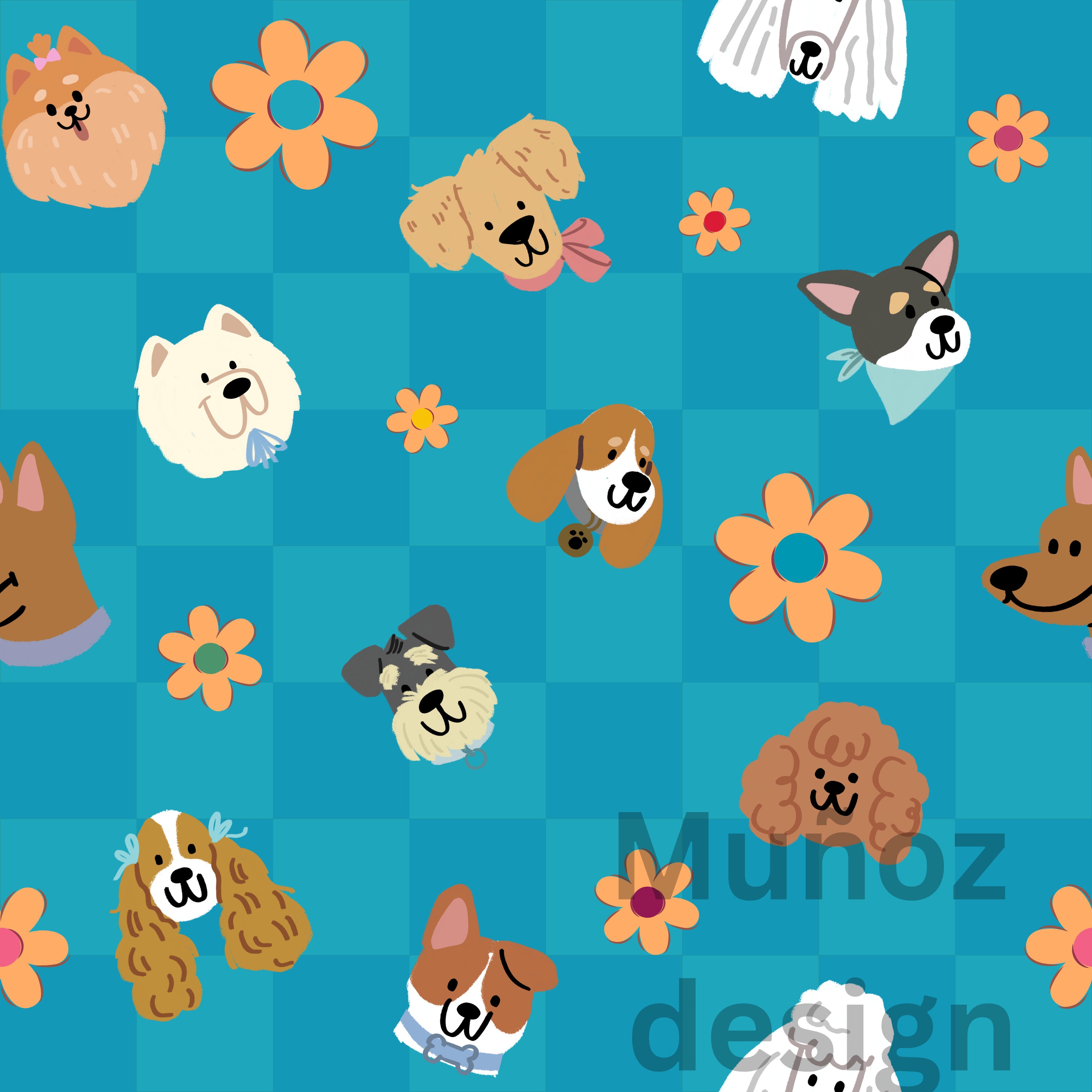 Dog Seamless Pattern Checker Print Floral Animal - Etsy