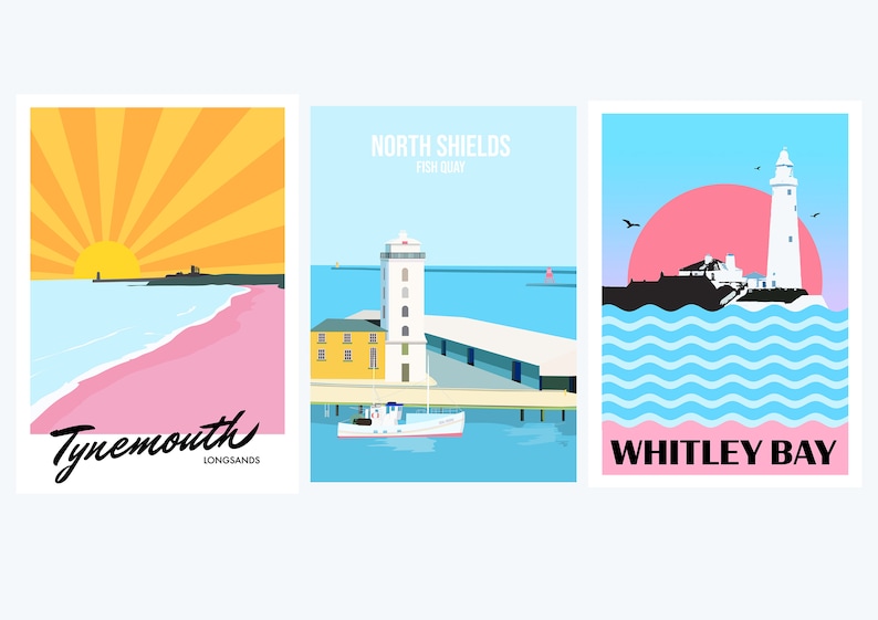Tynemouth Longsands Beach Retro Style Travel Poster Print, Tynemouth ...