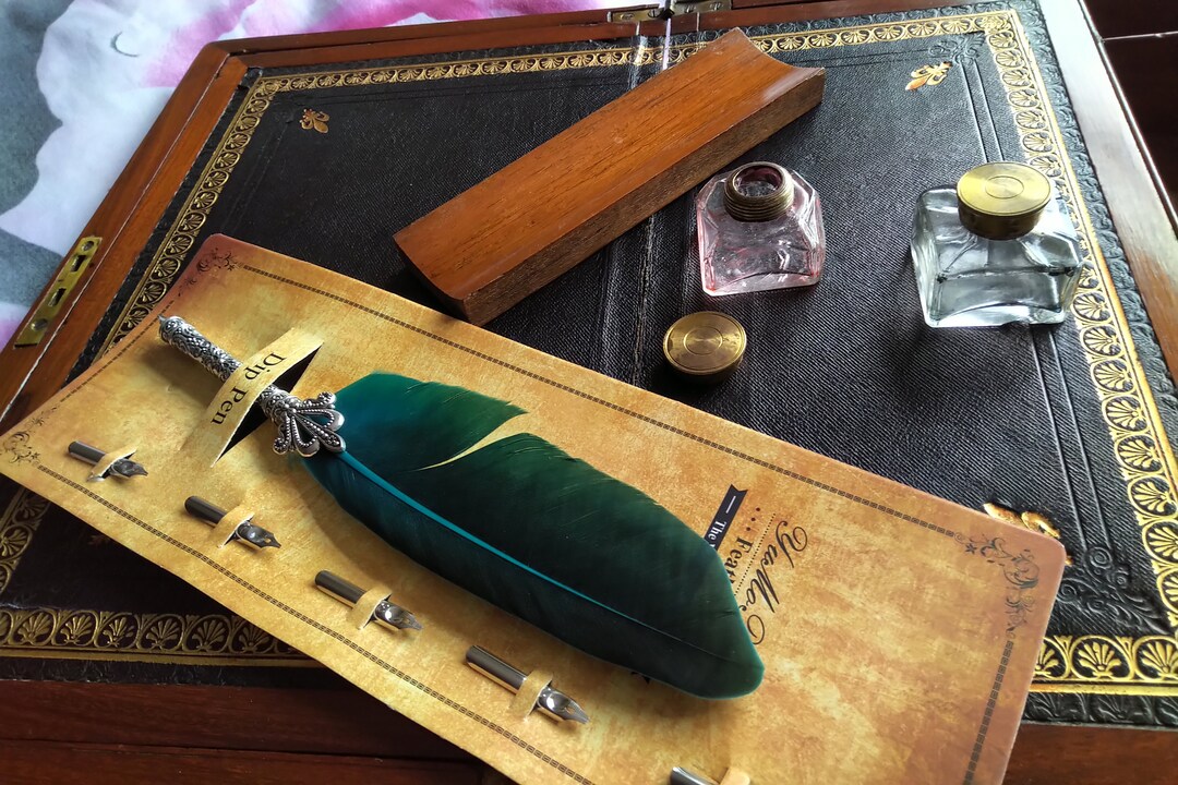 Antique Compact Wooden Writing Slope, Complete With Feather Dip Pen ...