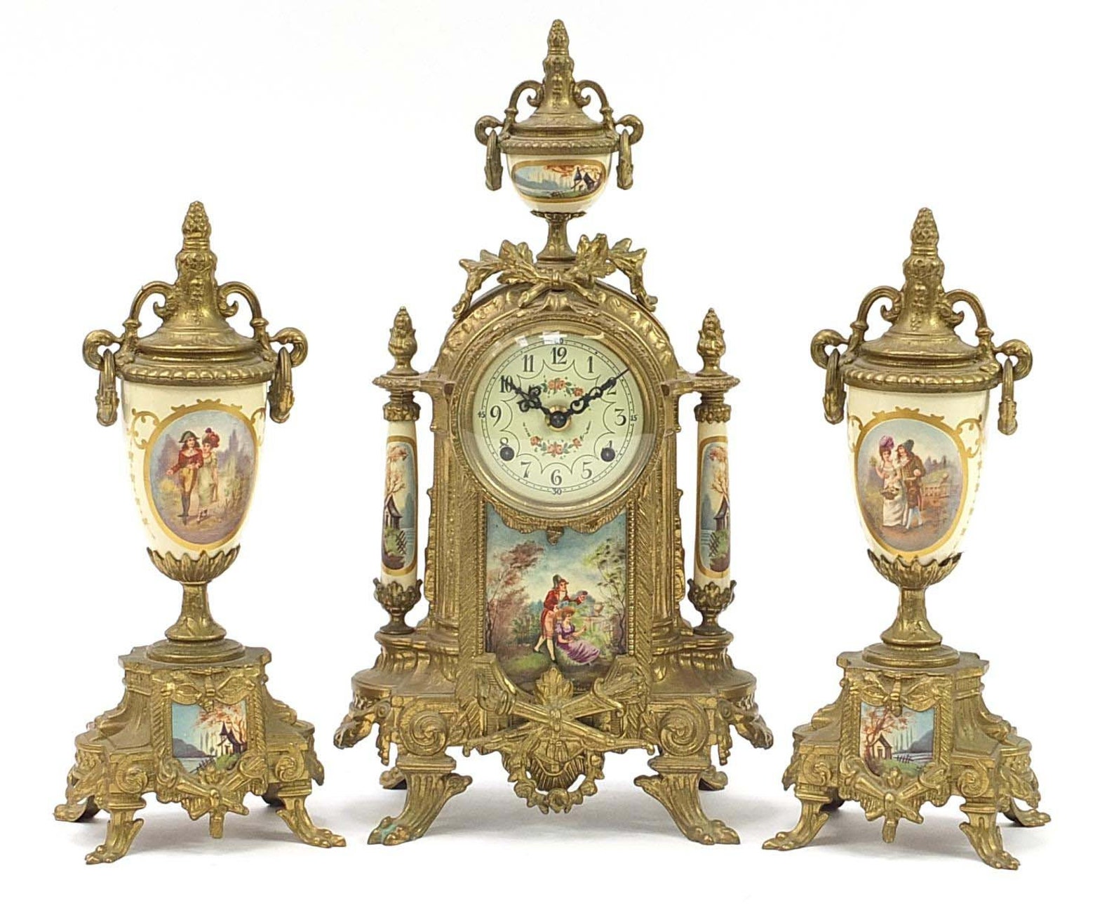 Vintage Italian Lancini FHS Hermle Brass Porcelain Garniture 3 Piece ...