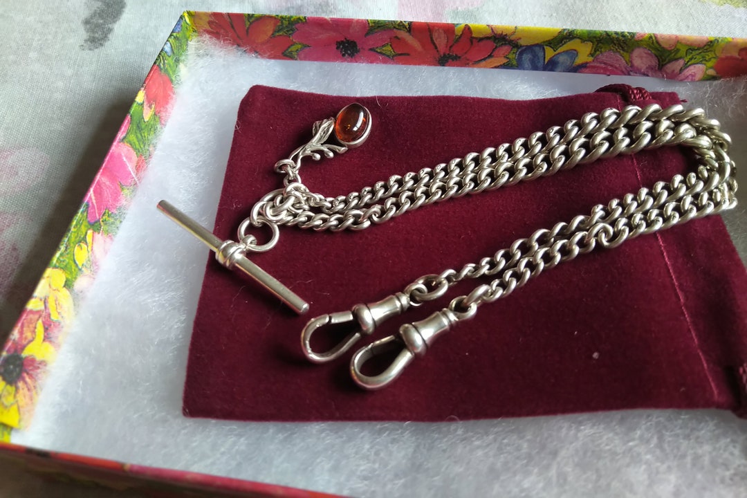 Antique Solid Silver Pocket Watch Double Albert Graduated Chain With ...