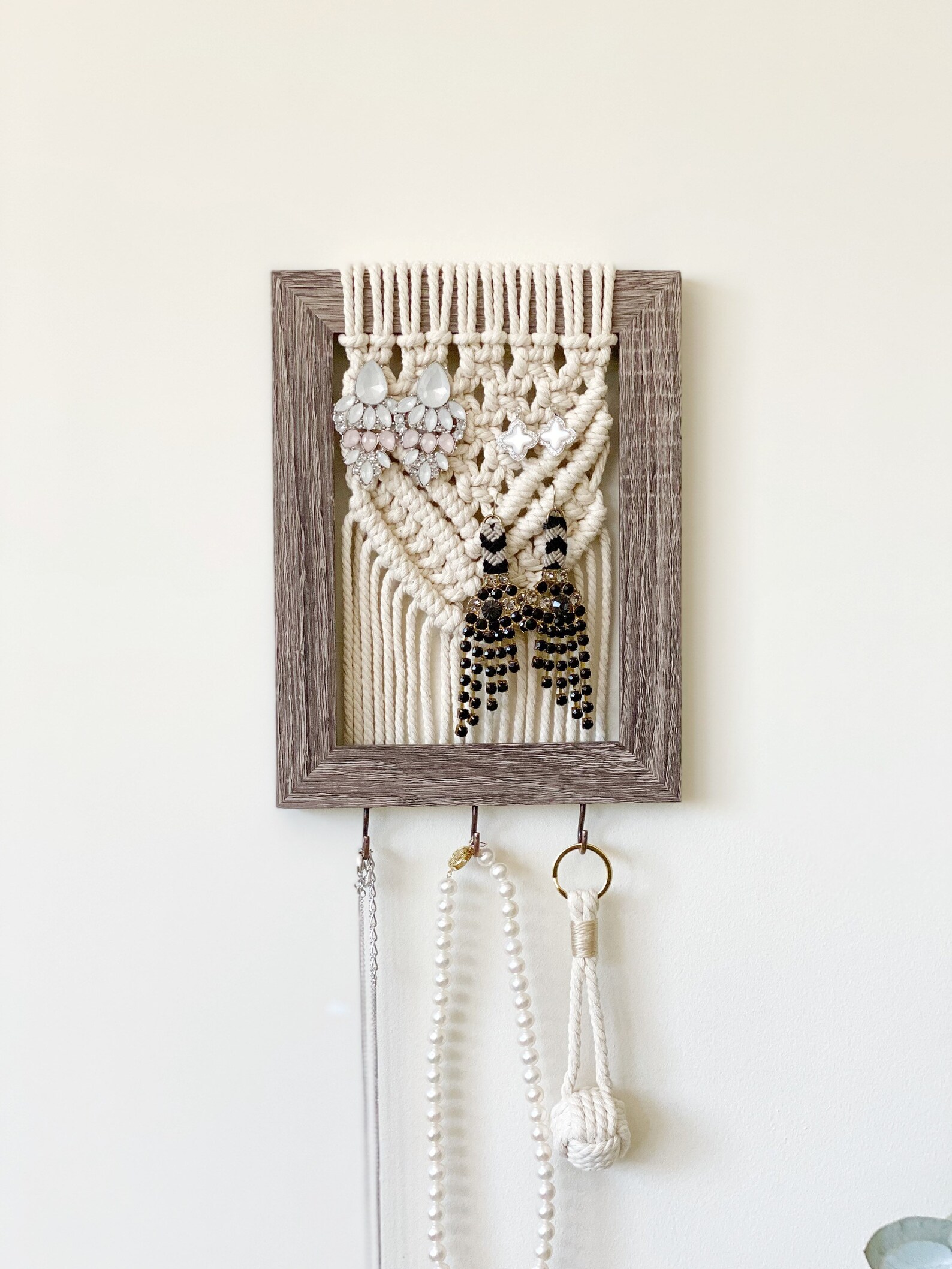Macrame Framed Key Holder Hooks Jewelry Holder Bohemian - Etsy