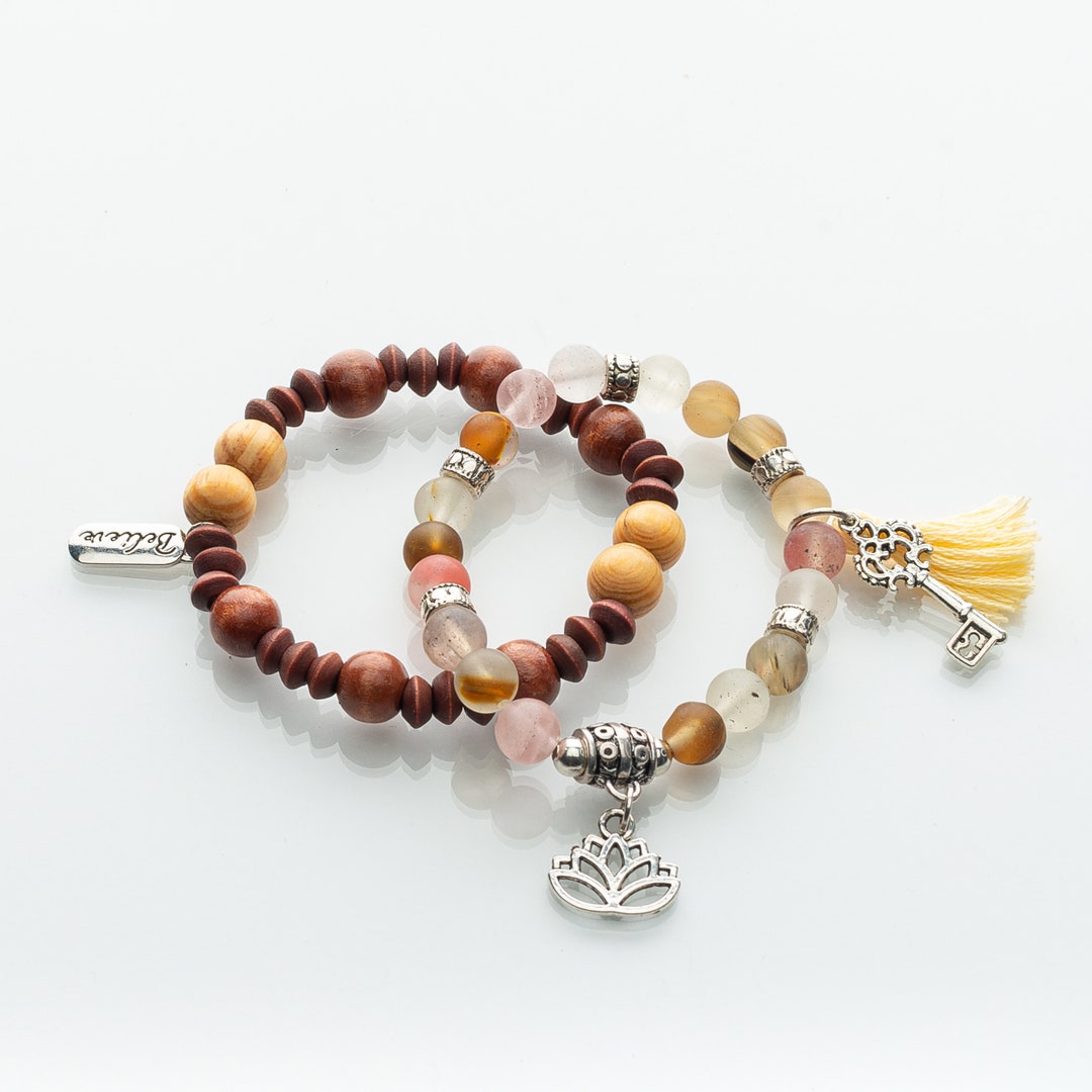 Multi Color Volcano Quartz & Wood Beads Stone Bead Stretch Bracelet Set ...