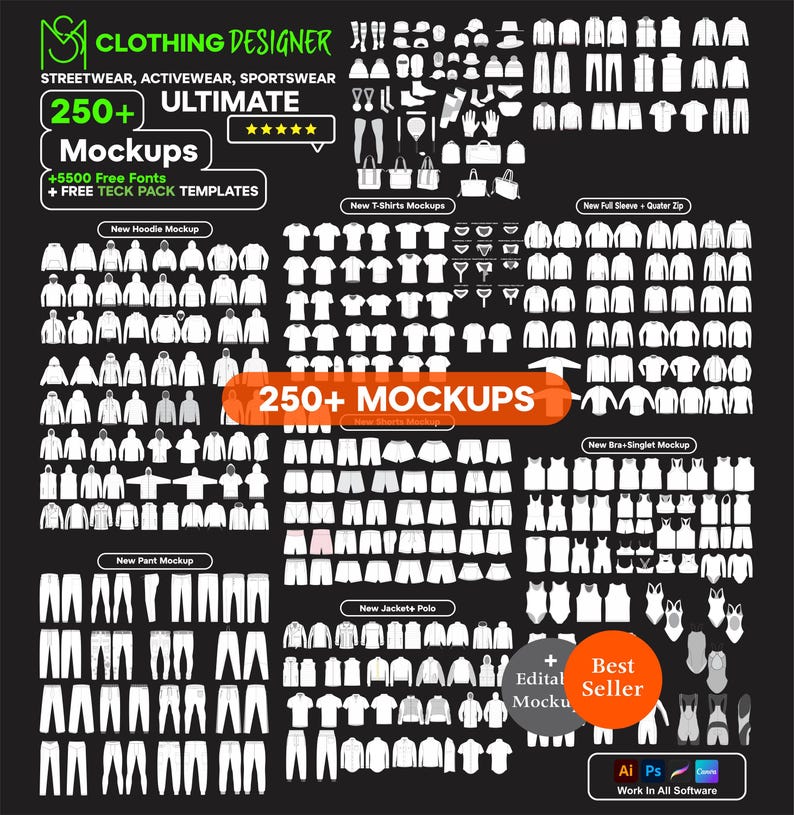 Streetwear Clothing Vector Mockup Pack Tech Pack Template Streetwear Mockups Clothing Brand ...