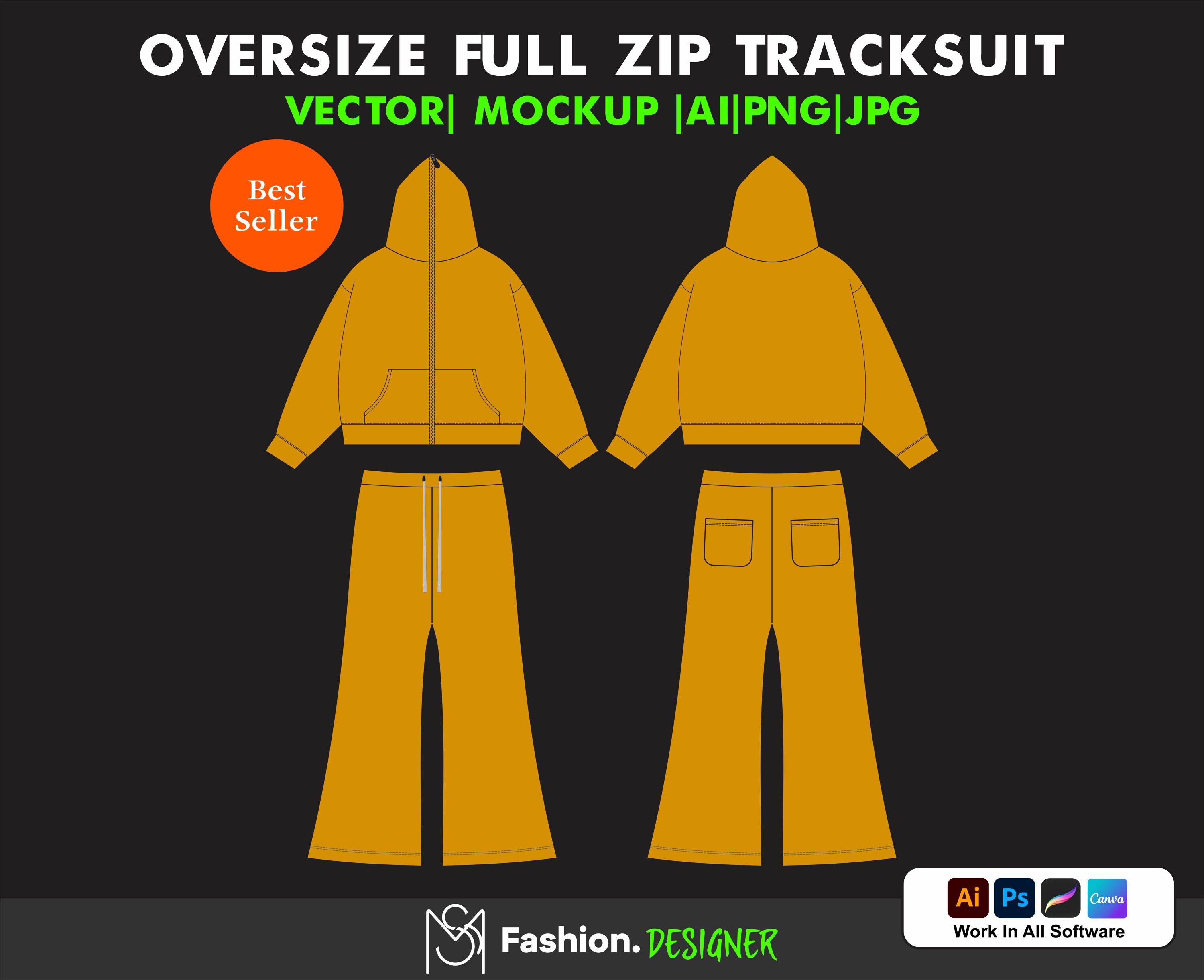 Flared Tracksuit Vector Mockup: Full Zip Hoodie Tech Pack (AI File) - Etsy