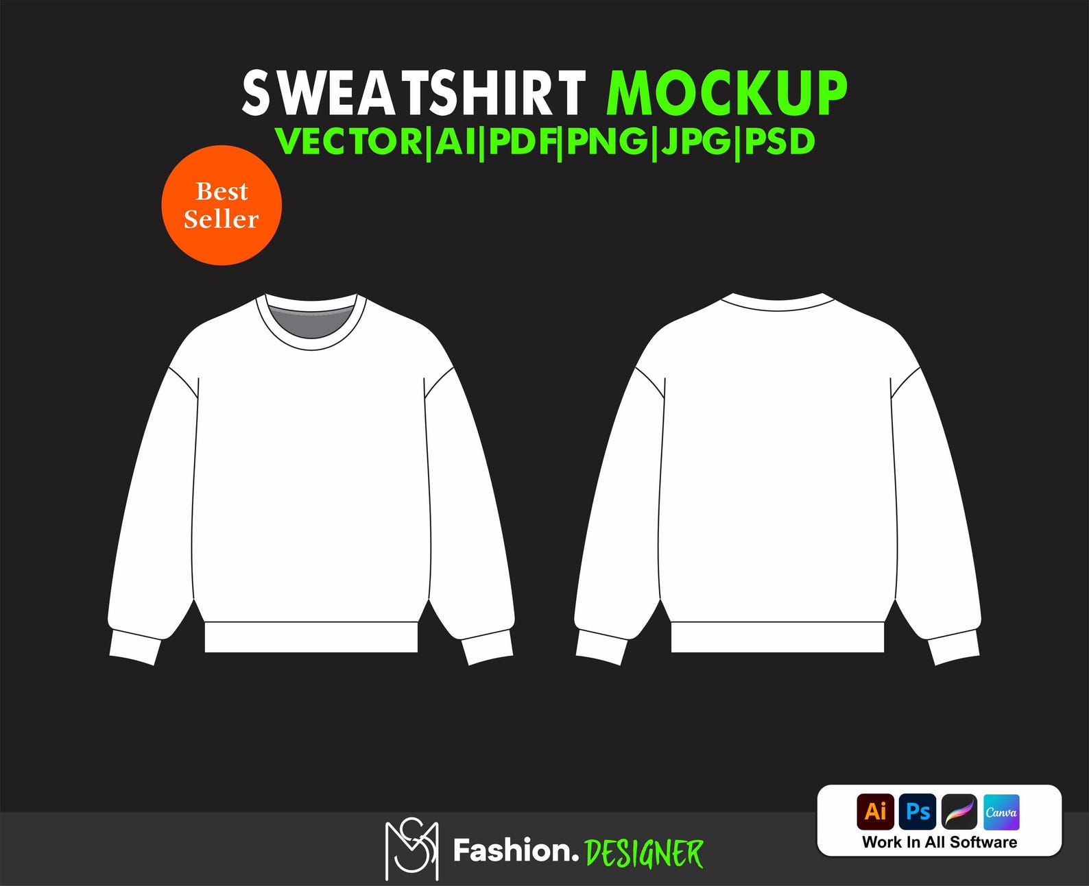 Streetwear Crewneck Sweatshirt Vector Mockup | Tech Pack (ai, Psd, Pdf ...
