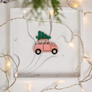 Pink Car With Christmas Tree Brooch Lapel Pin, Handmade Christmas ...