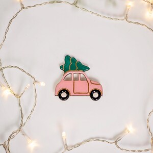 Pink Car With Christmas Tree Brooch Lapel Pin, Handmade Christmas ...