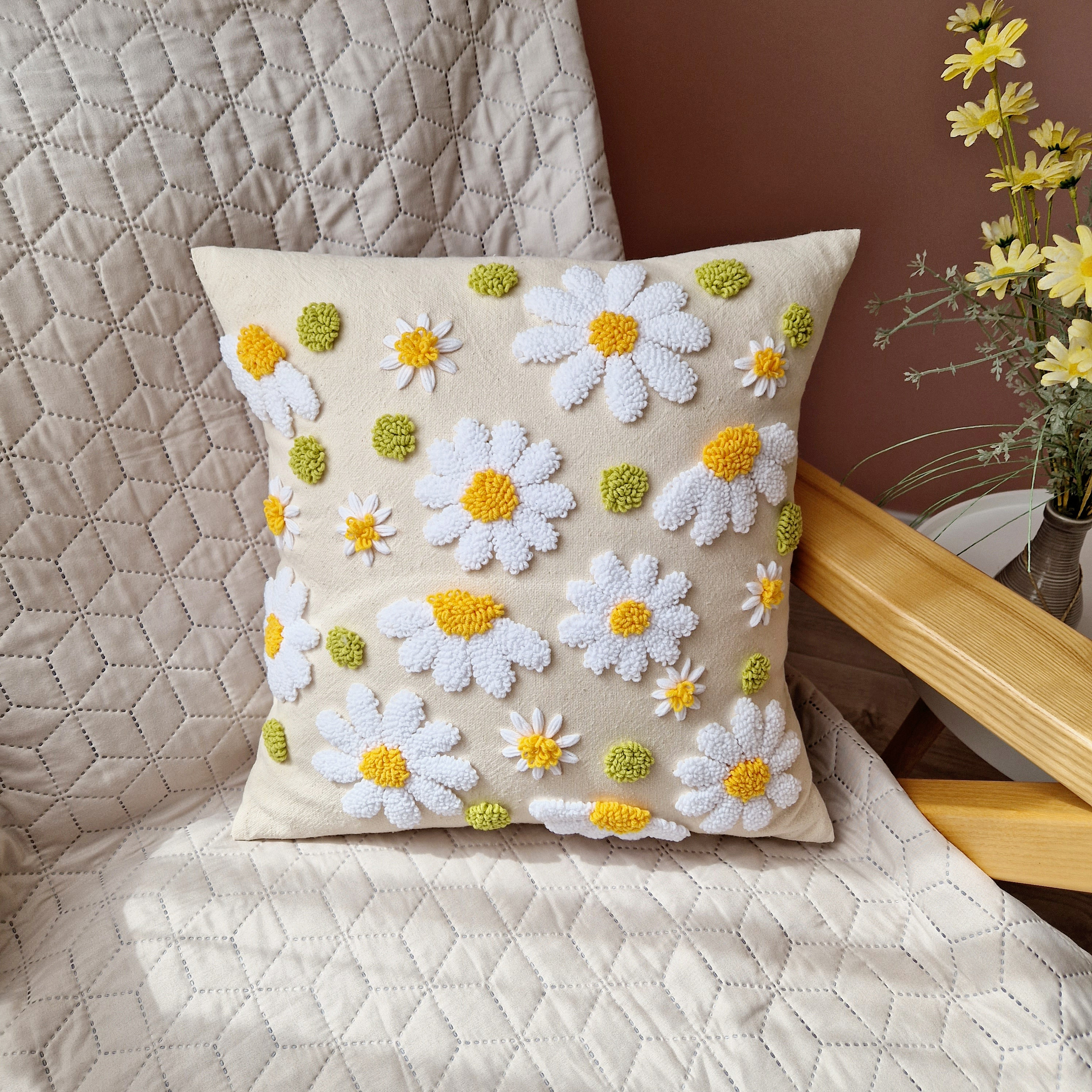 Punch Needle Daisy Pillow, Accent Floral Throw Pillows, Floral Funky ...