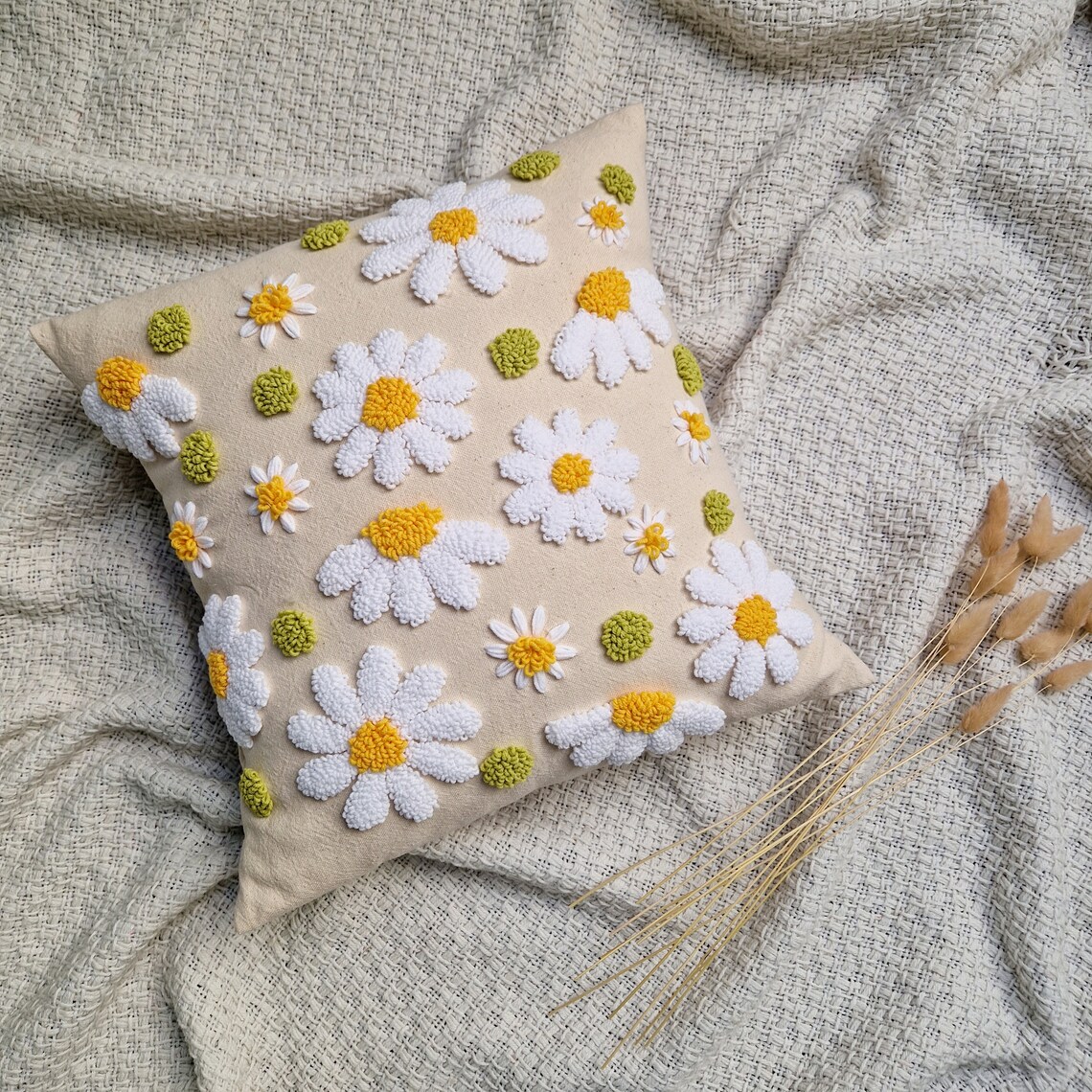 Punch Needle Daisy Pillow, Accent Floral Throw Pillows, Floral Funky ...