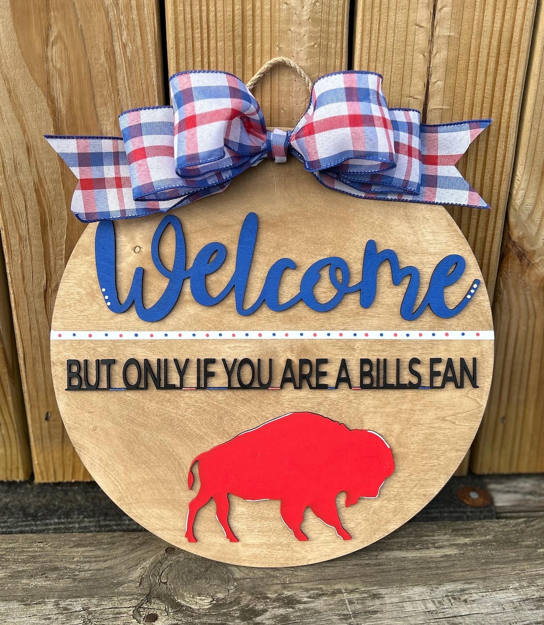 Buffalo Welcome Sign - Wooden 14 Inch Round Door Sign With Plaid Bow ...