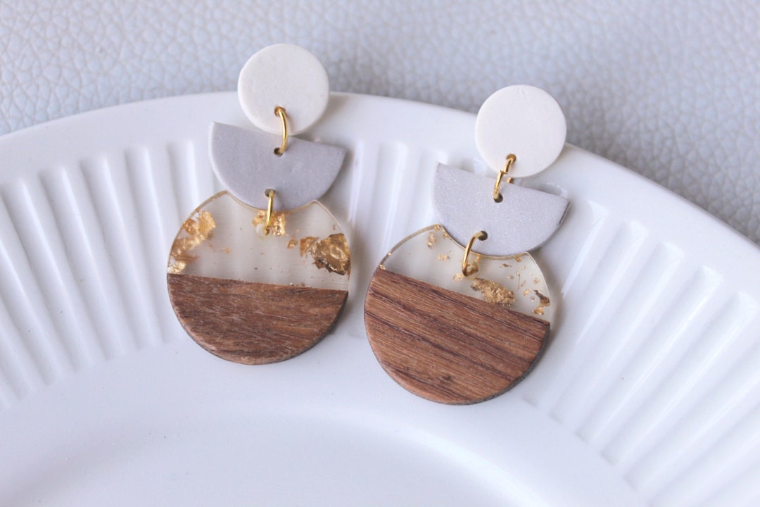 Resin and Wood Earrings, Handmade Clay Earrings, Gold Flakes Earrings ...