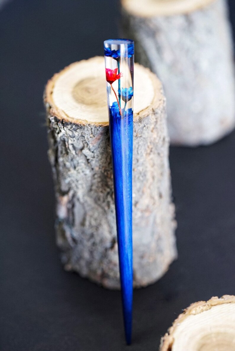 Blue Wood Hair Stick, Personalized Hair Fork, Bun Holder for Women ...