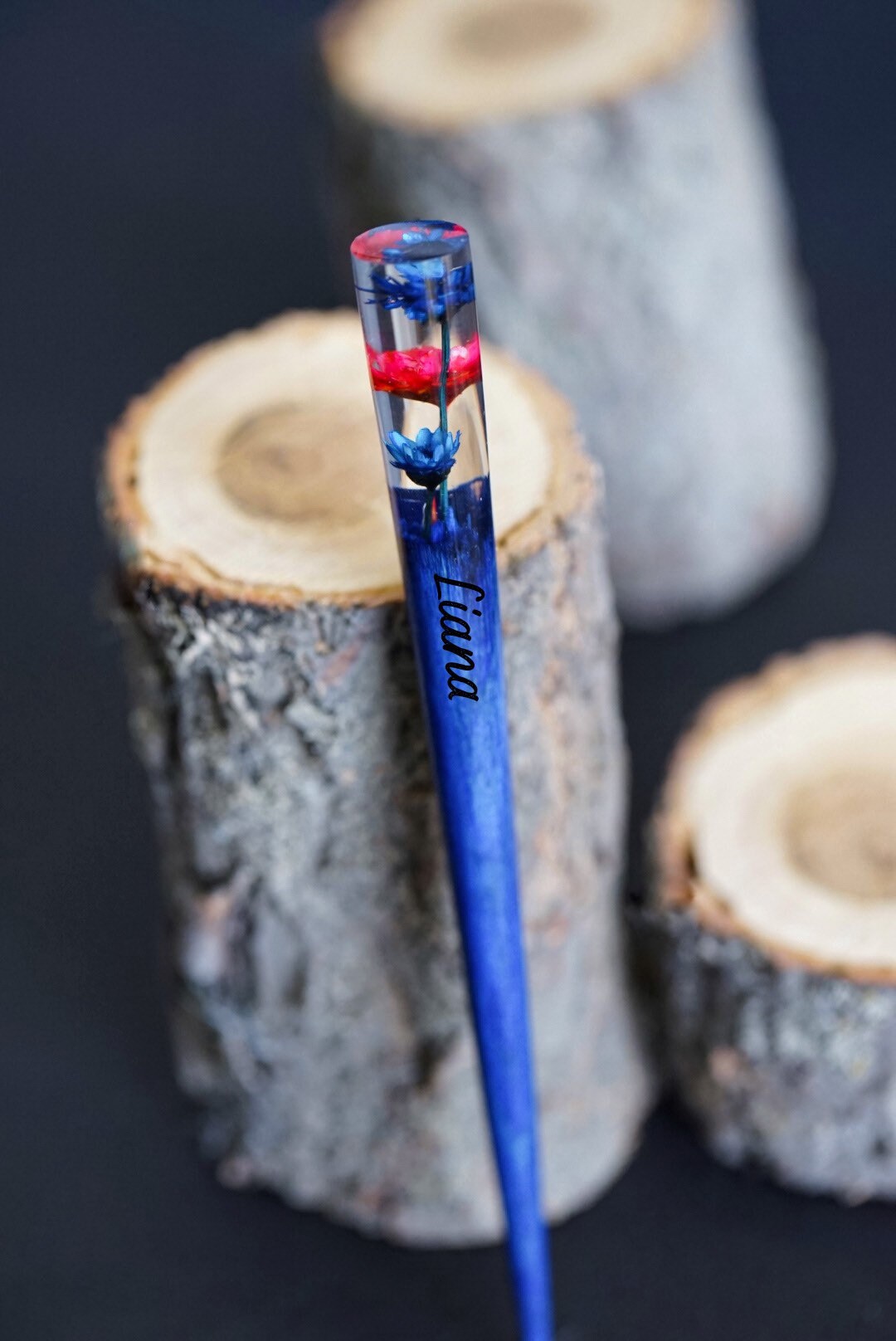Blue Wood Hair Stick, Personalized Hair Fork, Bun Holder for Women ...