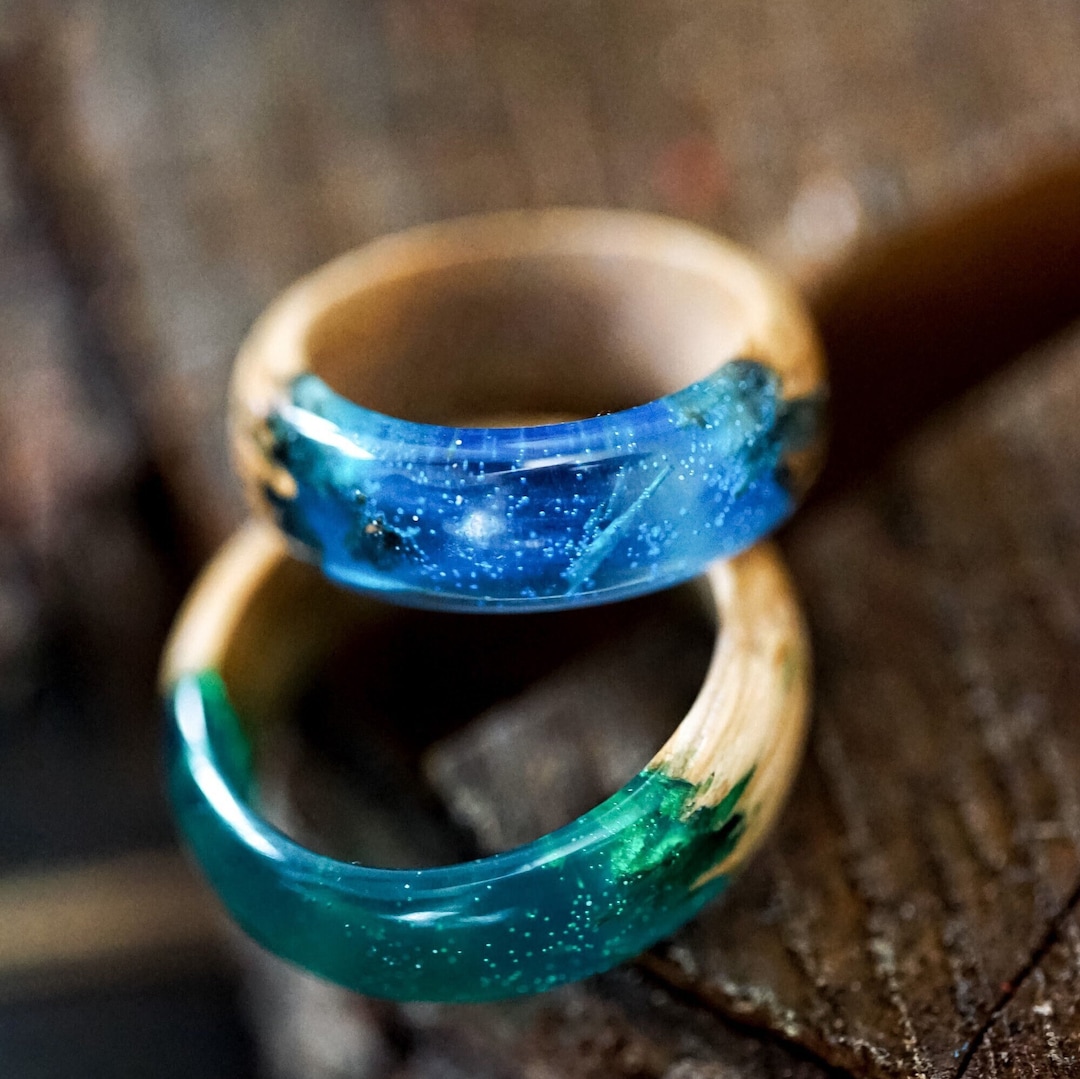 Personalized Wood Ring, Blue Band Rings, Custom Ring, Nature Oak Ring ...