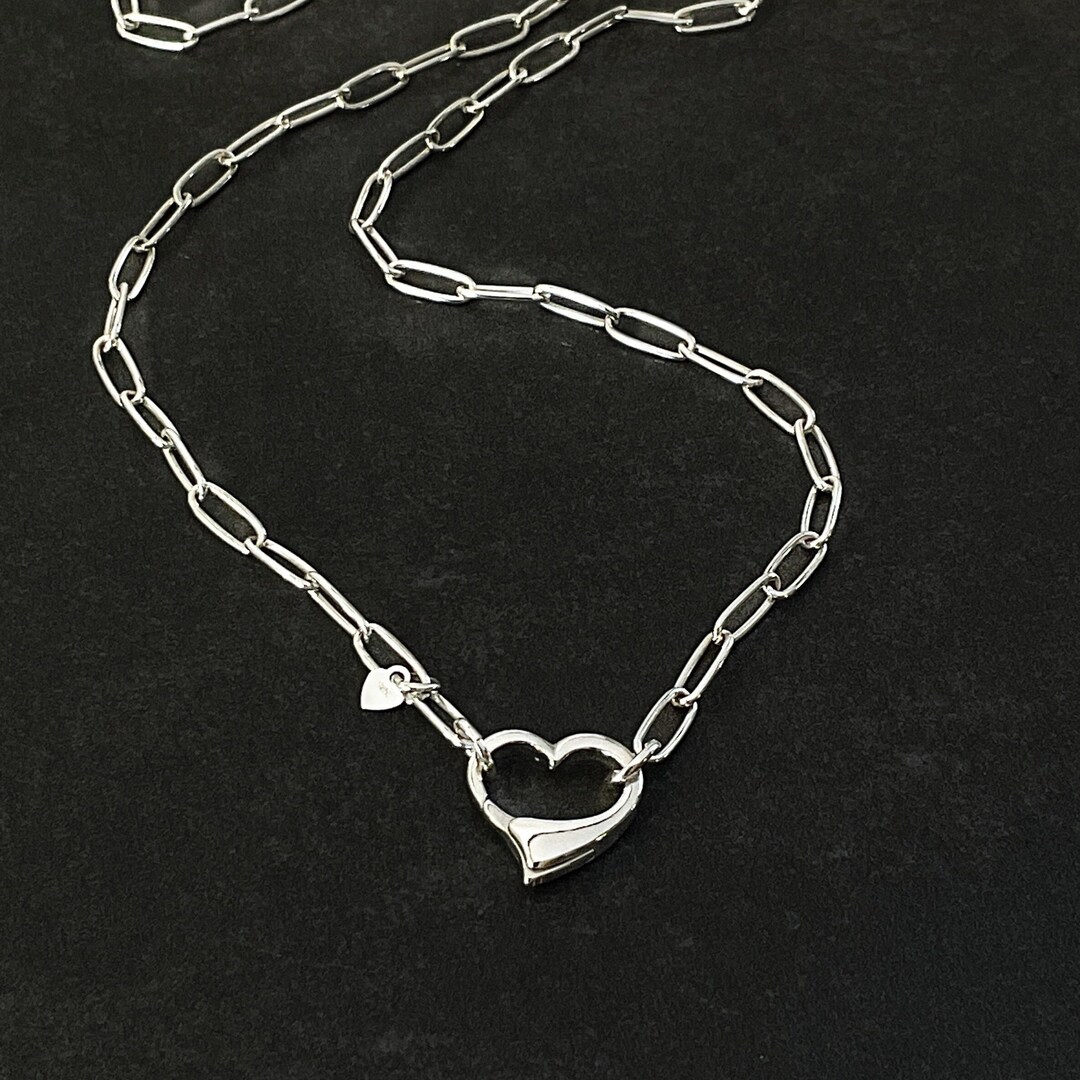 Solid Sterling Silver Paperclip Necklace 3mm Width With Open Heart