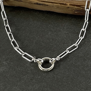 Sterling Silver Paperclip Chain Necklace - Round Clasp Pendant Holder ...