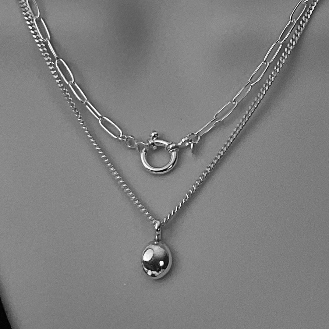 Layering Chains Sterling Silver Pebble Pendant Curb Chain Necklace With ...