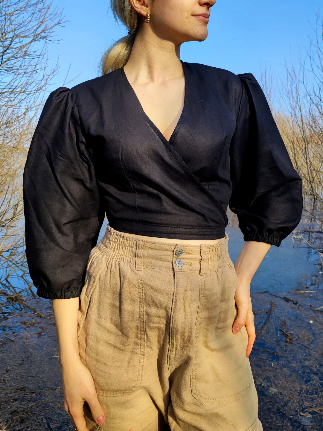 Linen Wrap Top | 9 Colors Availbe | Wrap Blouse | Linen Crop Top | 3/4 ...