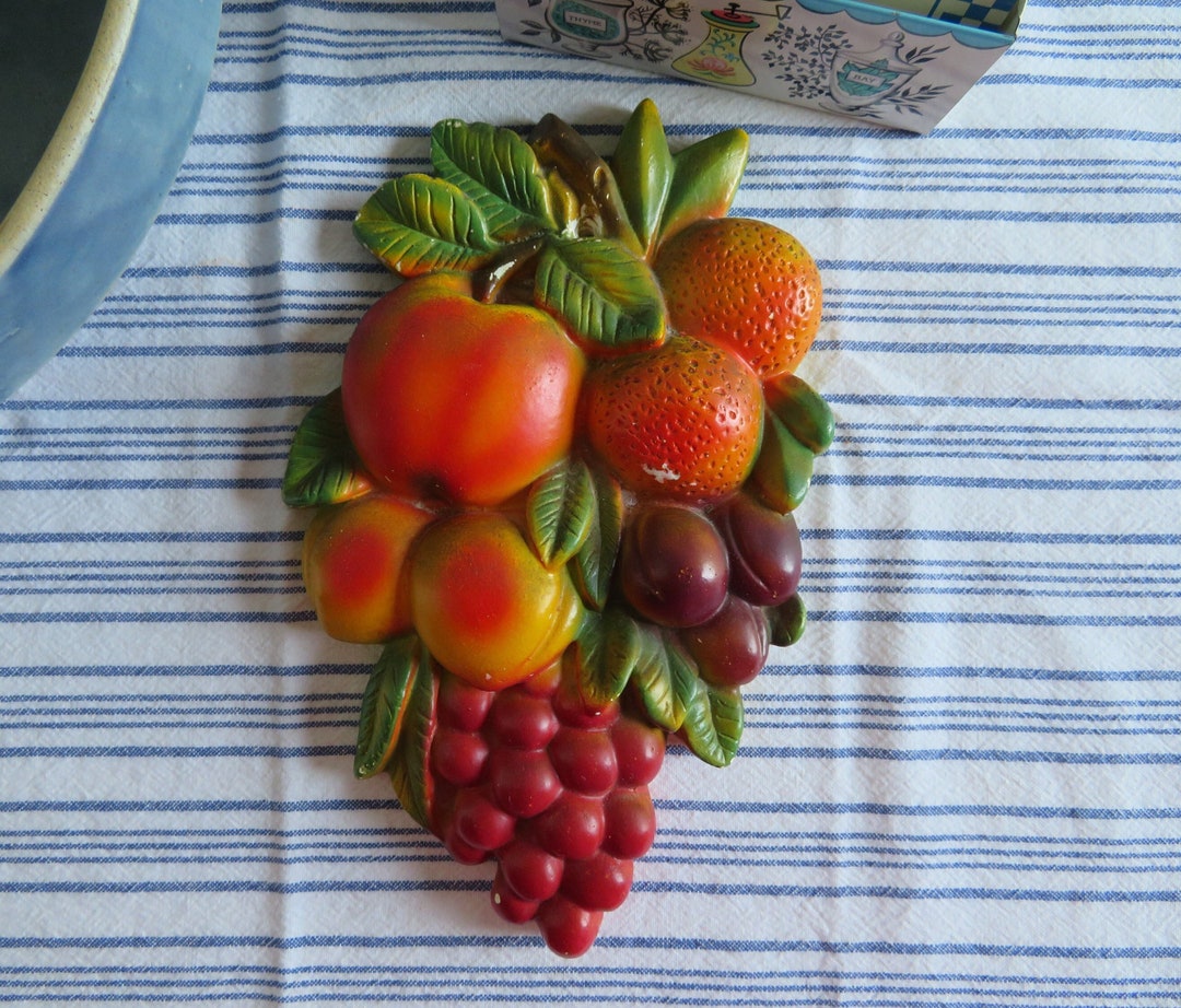 Large Chalkware Fruit Wall Plaque - Colorful Vintage Fruit Wall Hanging ...