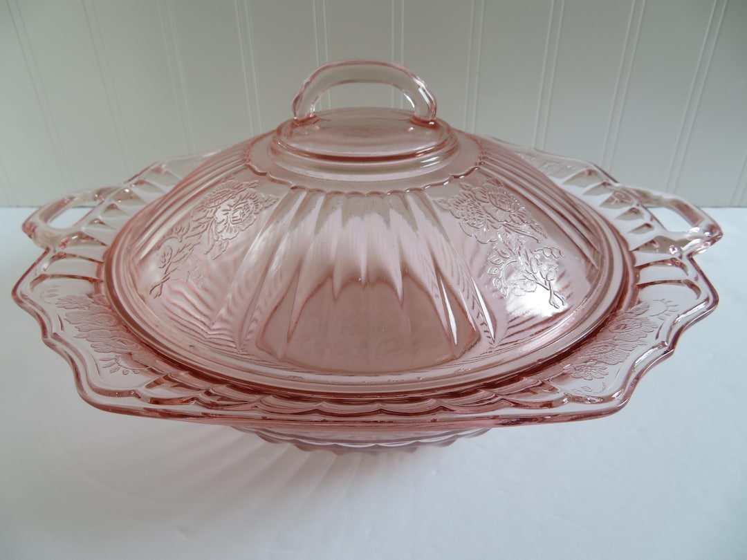 Anchor Hocking Mayfair Pink Depression Glass 11" Round Handled Covered ...