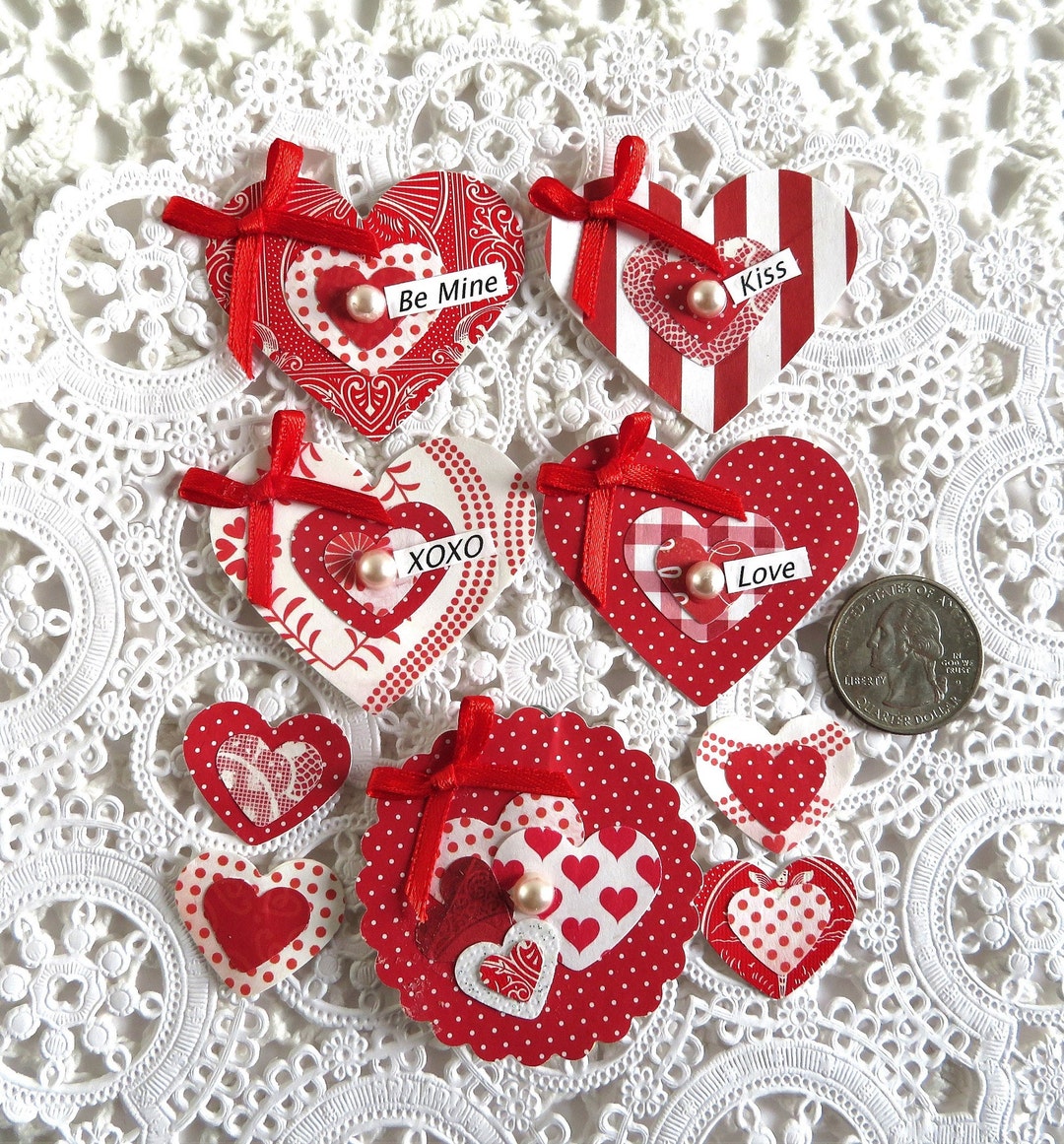 Valentine's Day Ephemera - 9 Layered Paper Hearts Embellishments ...