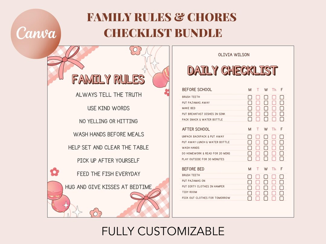 Kids Chore Chart Printable: Family Rules Sign, Preppy Design (canva ...