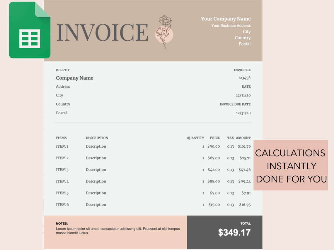 SALE Google Invoice Template / Invoice Template Spreadsheet - Etsy
