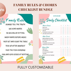 Family Rules & Chore Checklist Template: Canva Editable (digital ...