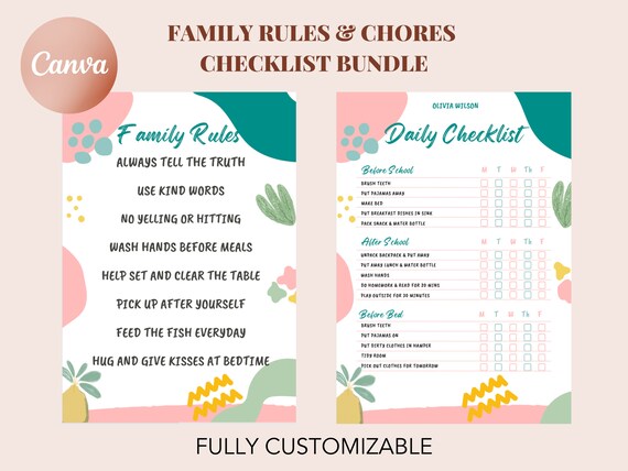 Family Rules and Chore Checklist Template Canva Editable - Etsy Ireland