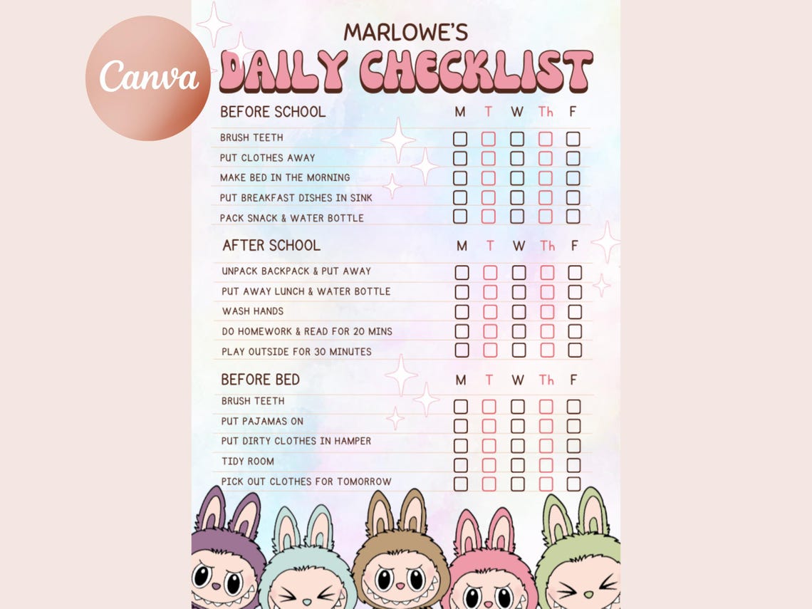 Kids Chore Chart & Family Rules Sign, Printable Checklist, Labubu Theme ...
