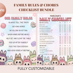 Kids Chore Chart & Family Rules Sign, Printable Checklist, Labubu Theme ...