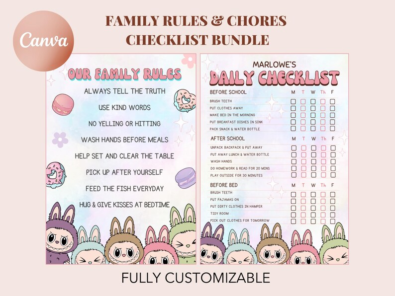 Kids Chore Chart & Family Rules Sign, Printable Checklist, Labubu Theme ...